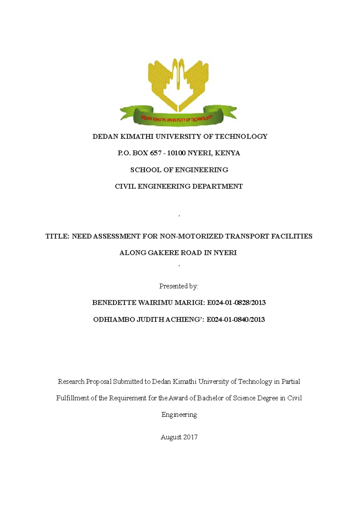 Project Proposal - null - DEDAN KIMATHI UNIVERSITY OF TECHNOLOGY P. BOX 657 - 10100 NYERI, KENYA ...