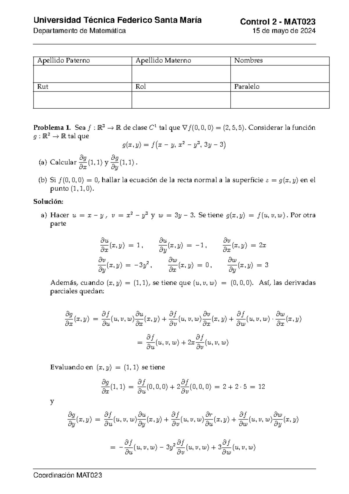 Pauta Control N°2 MAT023 – 1° semestre 2024 - Universidad T ́ecnica Federico Santa Mar ́ıa - Studocu