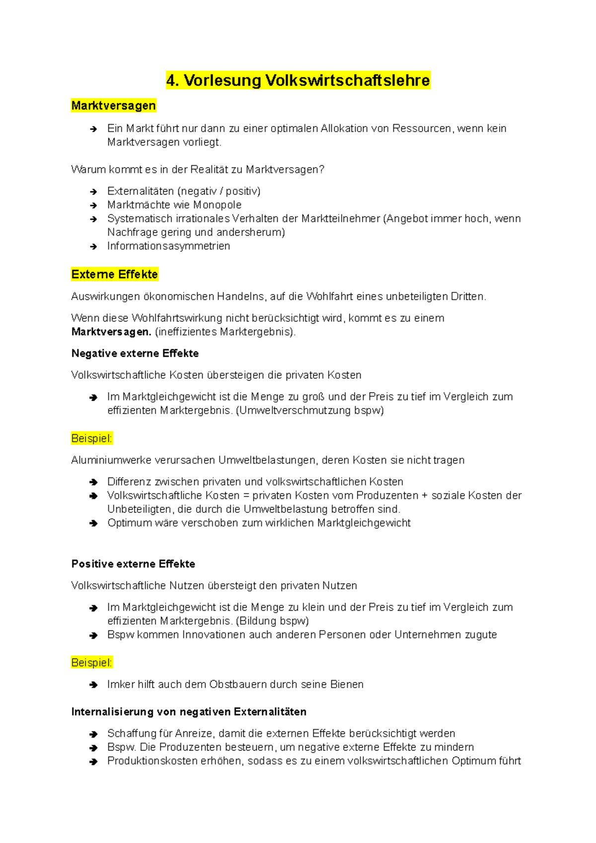 Zusammenfassung zu dem Kapitel "Marktversagen" - 4. Vorlesung ...