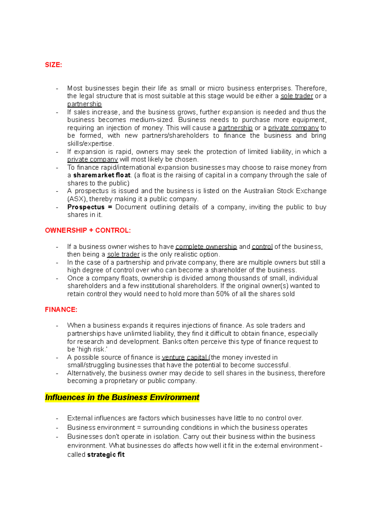 Business notes for influences - SIZE: Most businesses begin their life ...