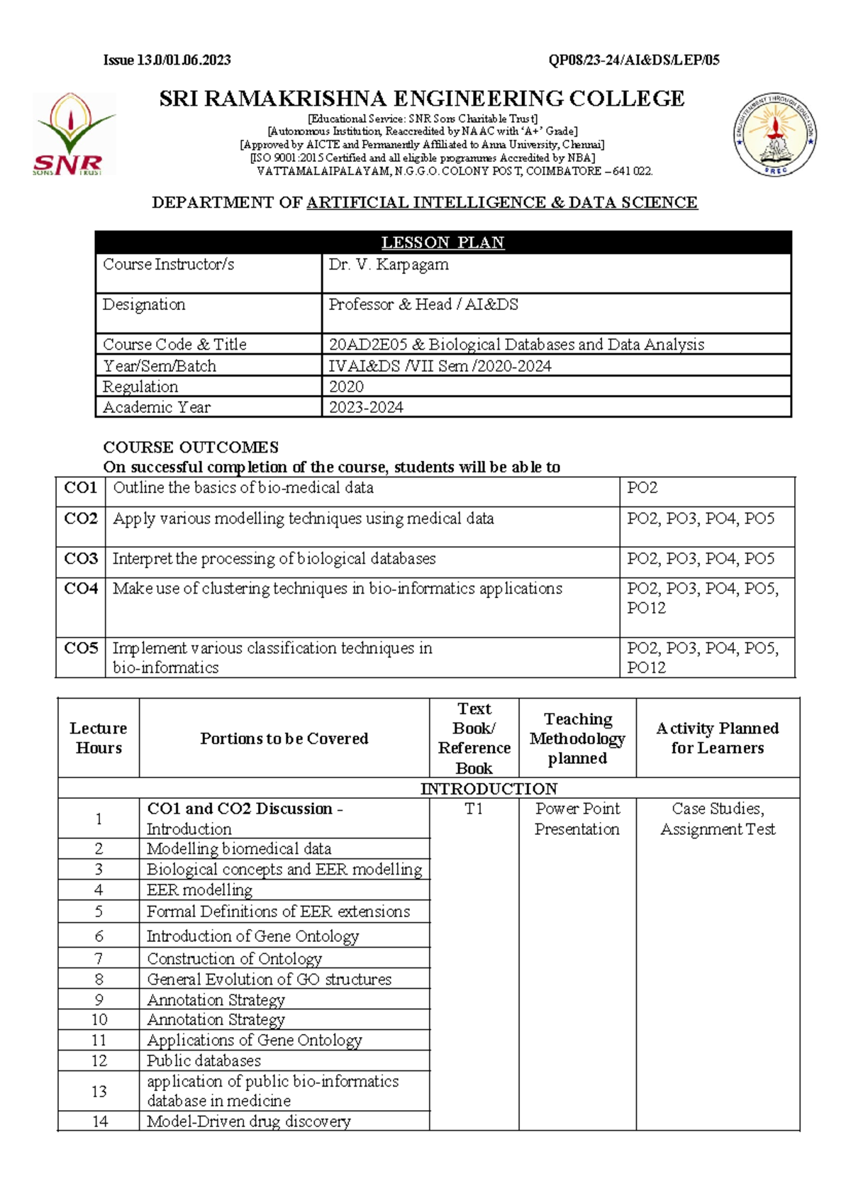 5.Lesson Plan - Lesson plan for the course Biological Databases and ...