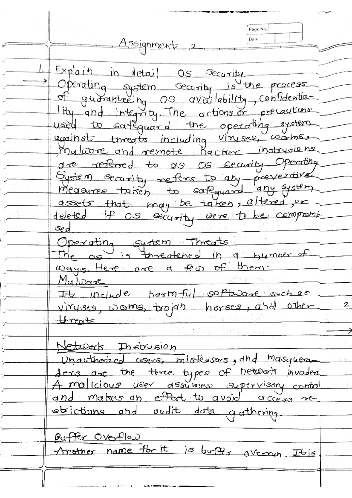 CSDF Assignment 2 - Cyber - Page No Date Assignment 2 1. Explain in detail as Security Operating ...