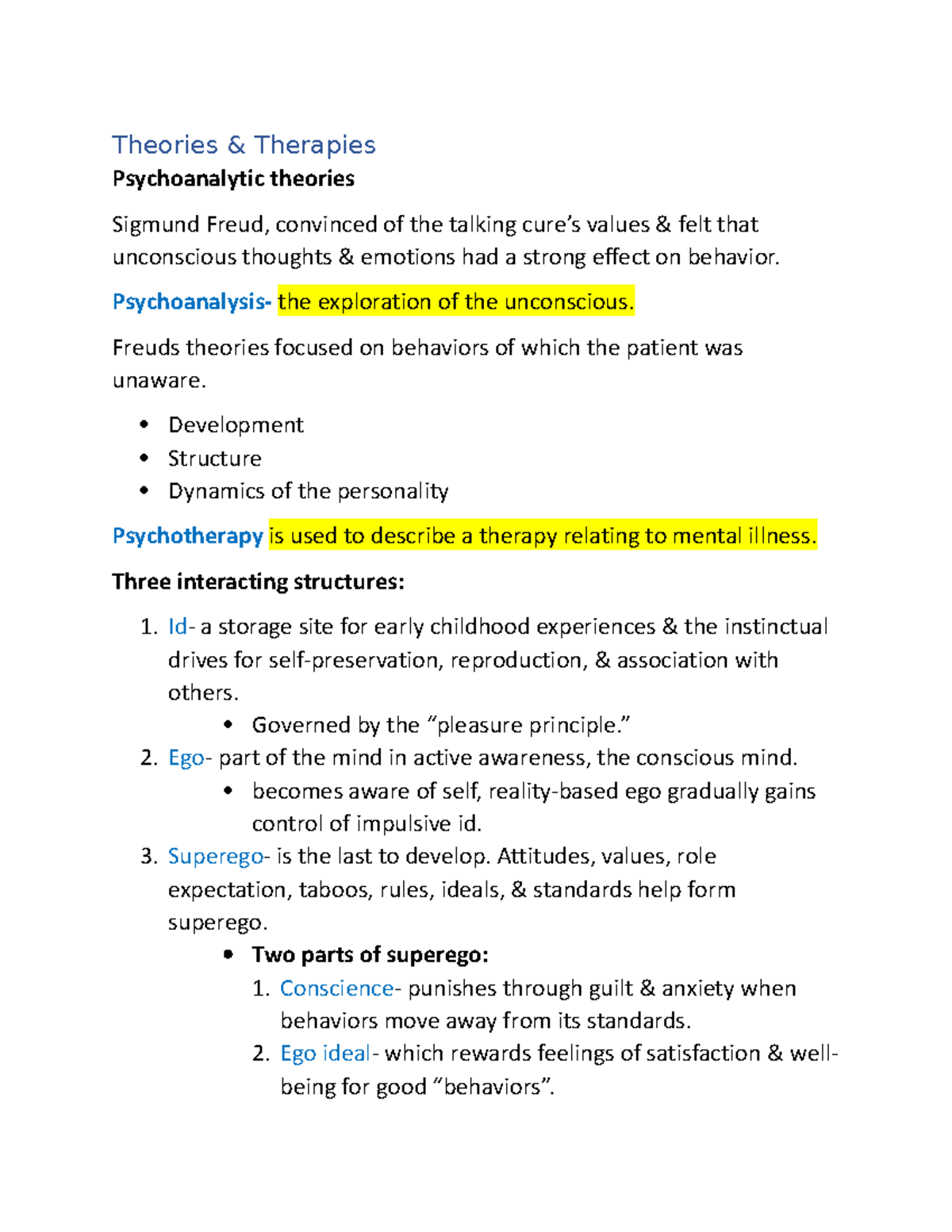 Mental Helath Exam 2 - Theories & Therapies Psychoanalytic theories ...