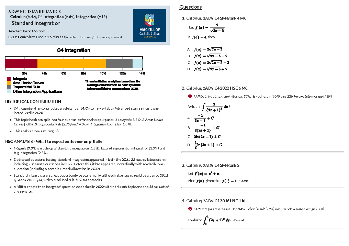 Integration standard Yr 12u - ADVANCED MATHEMATICS Calculus (Adv), C4 ...
