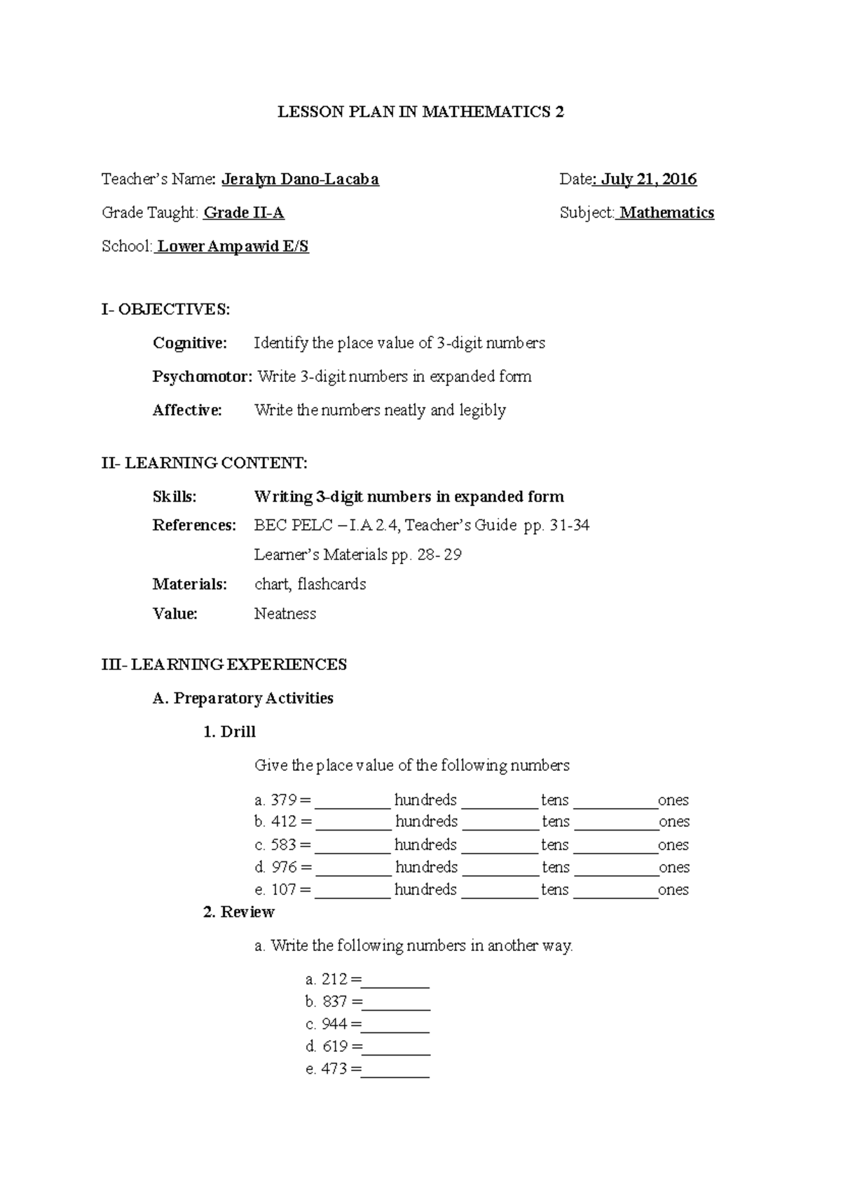 Lesson PLAN IN Mathematics 2 - LESSON PLAN IN MATHEMATICS 2 Teacher’s ...