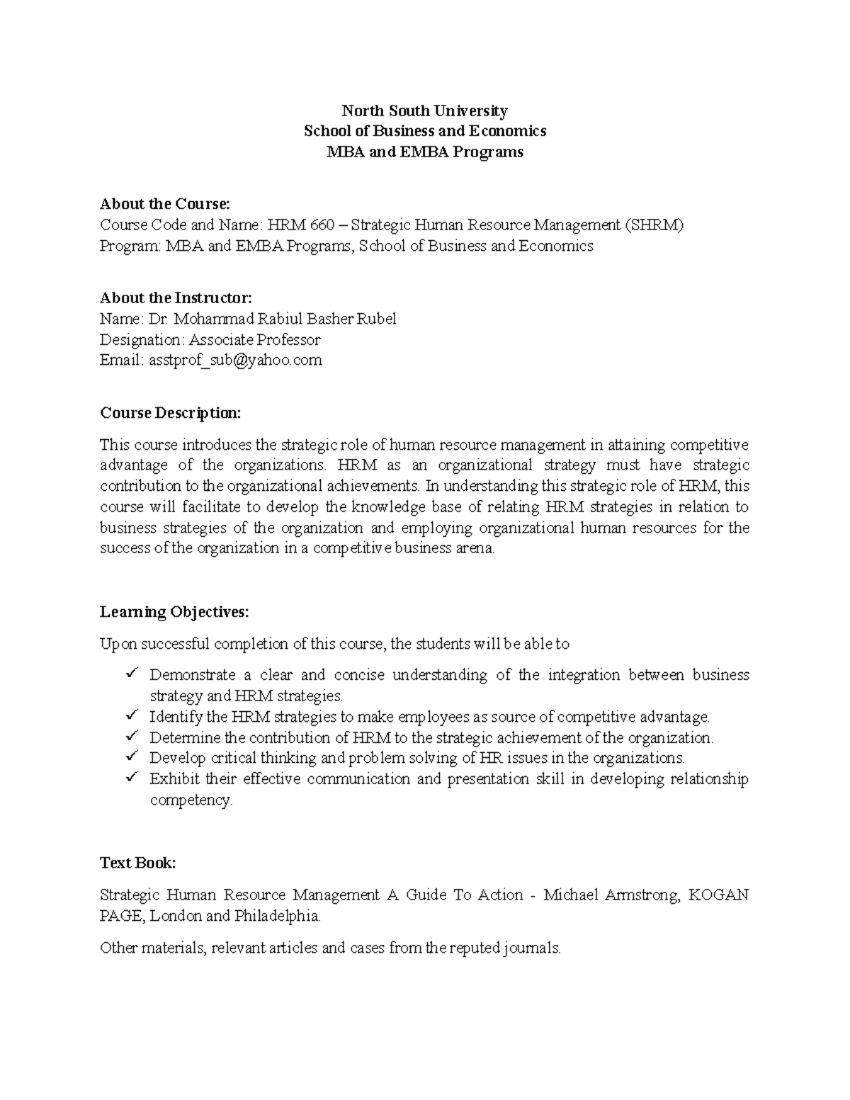 Course Outline HRM 660 - North South University School of Business and ...