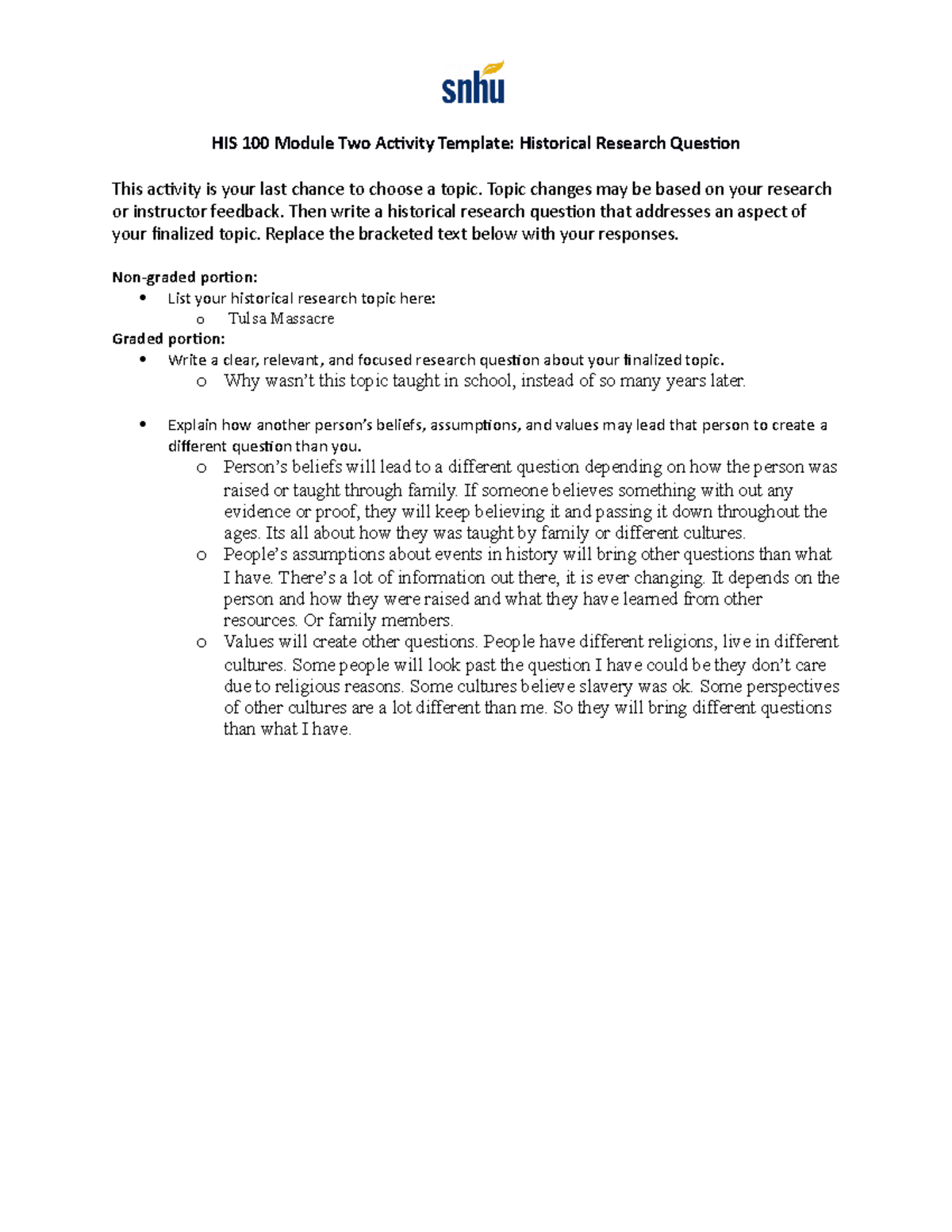 HIS 100 Module Two Activity Research Question Template - HIS 100 Module ...