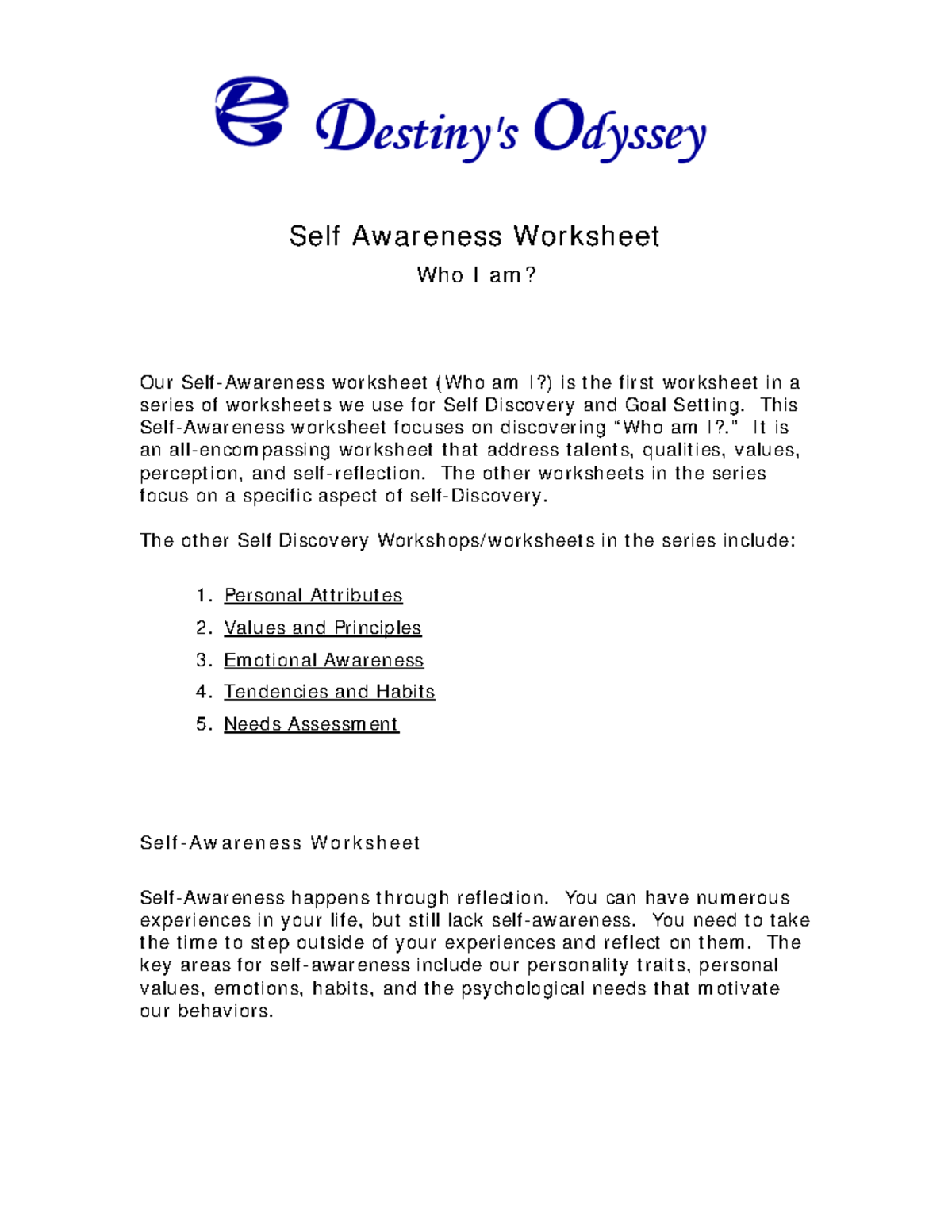 Self-Awareness-Workshop - Self Awareness Worksheet Who I am? Our Self ...