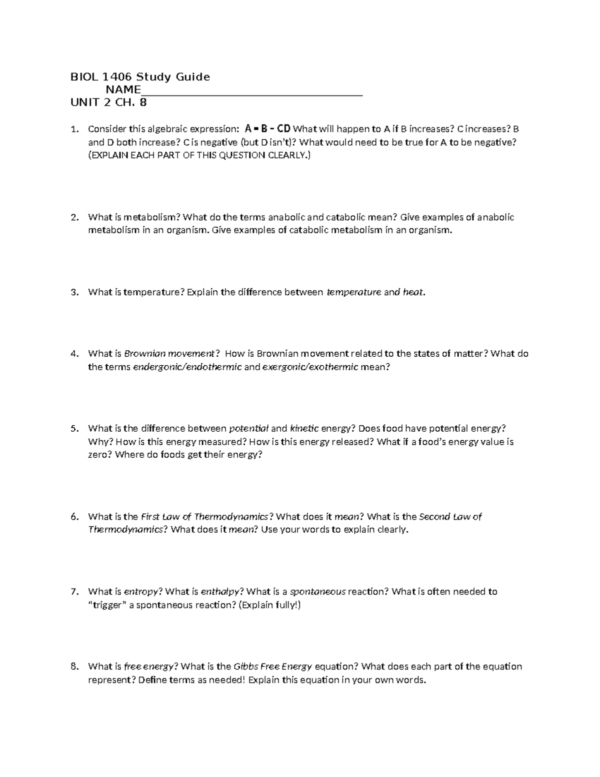 1406 Study Guide Ch 8 Biol 1406 Study Guide Name
