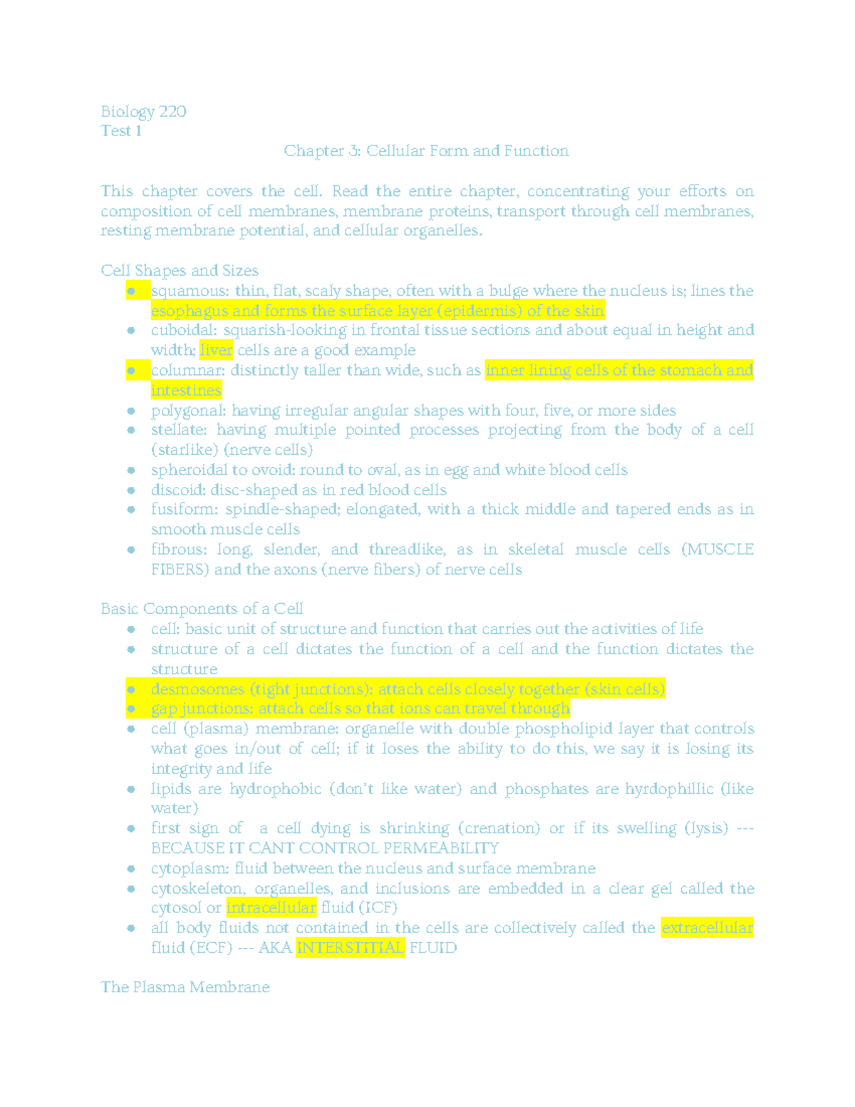 Chapter 3 notes - Biology 220 Test 1 Chapter 3: Cellular Form and ...