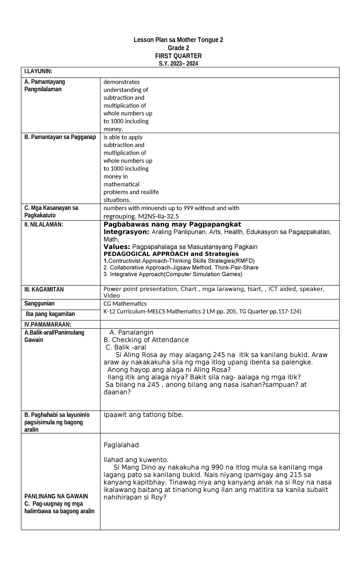 COT-Math-Grade 2-Quarter 2 - Lesson Plan sa Mother Tongue 2 Grade 2 ...