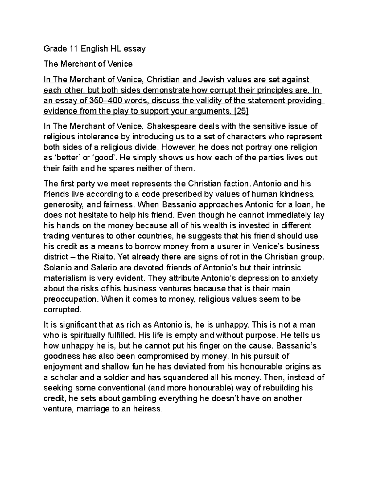 The Merchant Of Venice Christian And Jewish Values Grade 11 English 