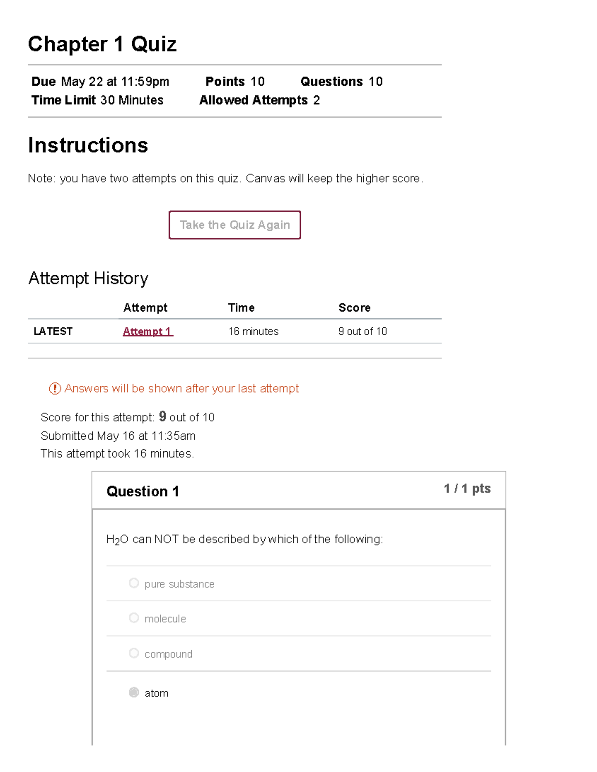 chapter 1 quiz chemistry - Chapter 1 Quiz Due May 22 at 11:59pm Points ...