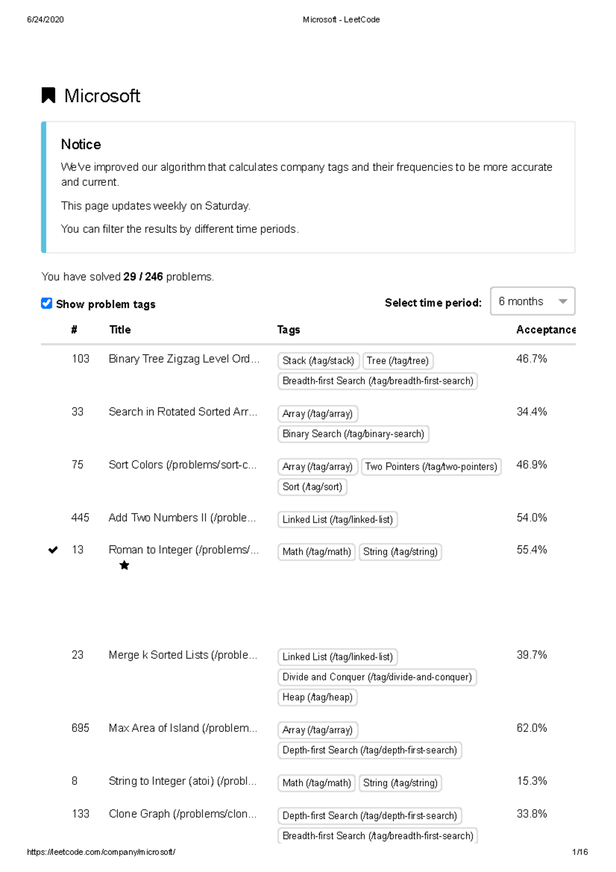 Microsoft - Leet Code - nil - Select time period: Microsoft Notice We've improved our algorithm ...