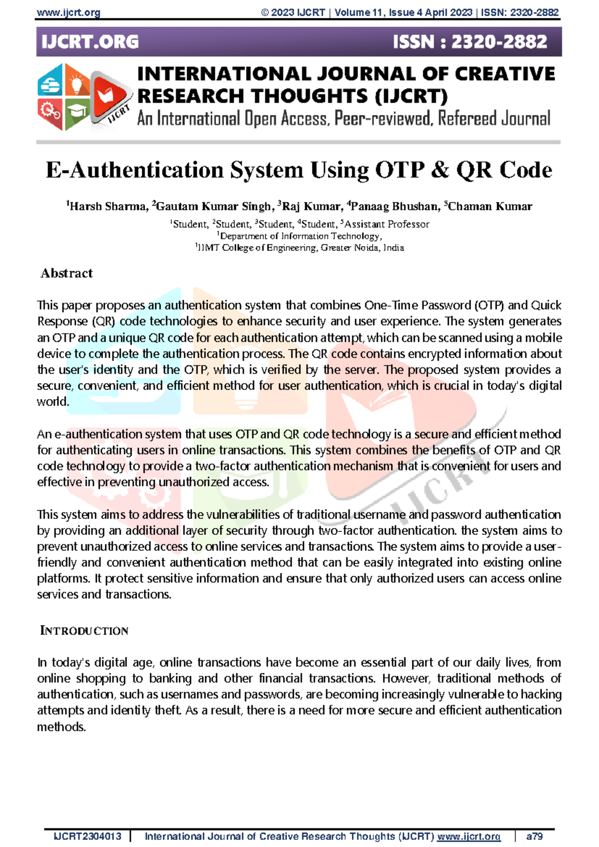 Ijcrt 2304013 - E-Authentication System Using OTP & QR Code 1 Harsh Sharma, 2 Gautam Kumar - Studocu