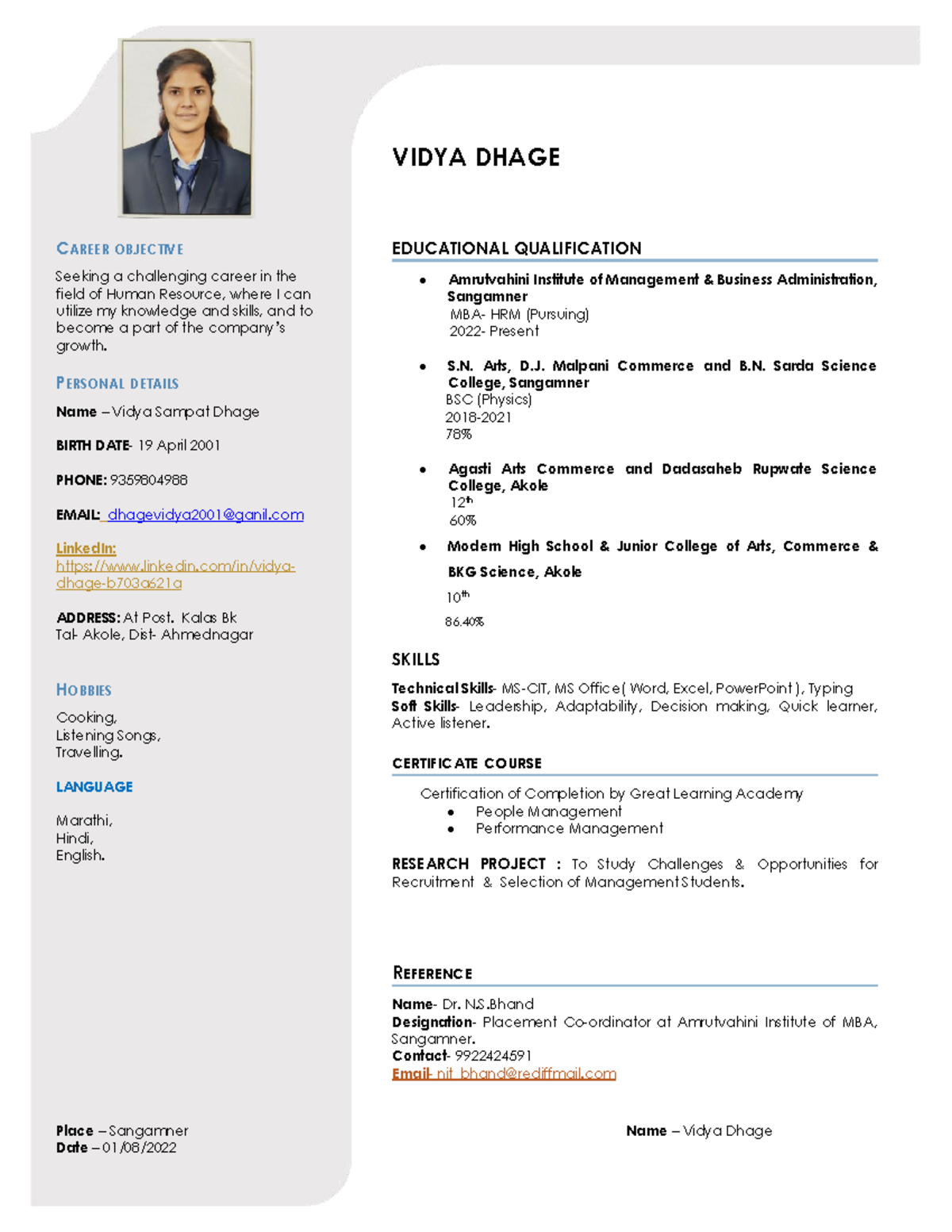 Vidya VD Resume - I'm pursuing management degree in HR - Place ...