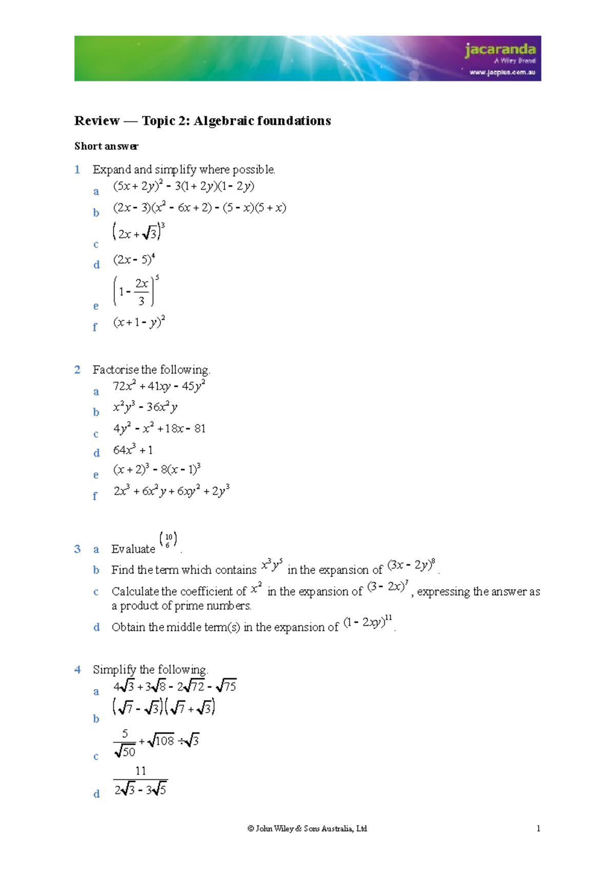 Doc-18102 - methods - Review — Topic 2: Algebraic foundations Short answer 1 Expand and simplify ...