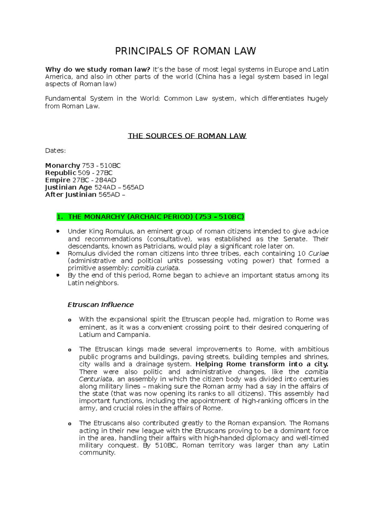 Roman law Notes - PRINCIPALS OF ROMAN LAW Why do we study roman law? It ...