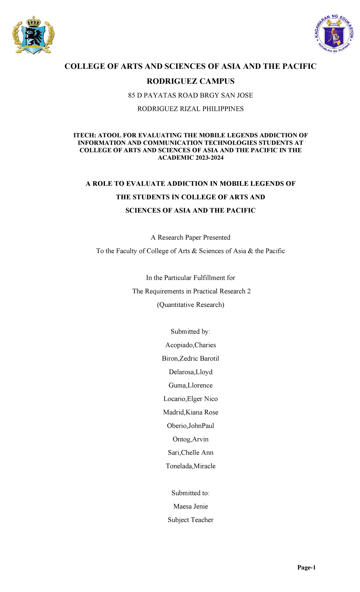 Ml-addiction-chapter-1 - COLLEGE OF ARTS AND SCIENCES OF ASIA AND THE ...