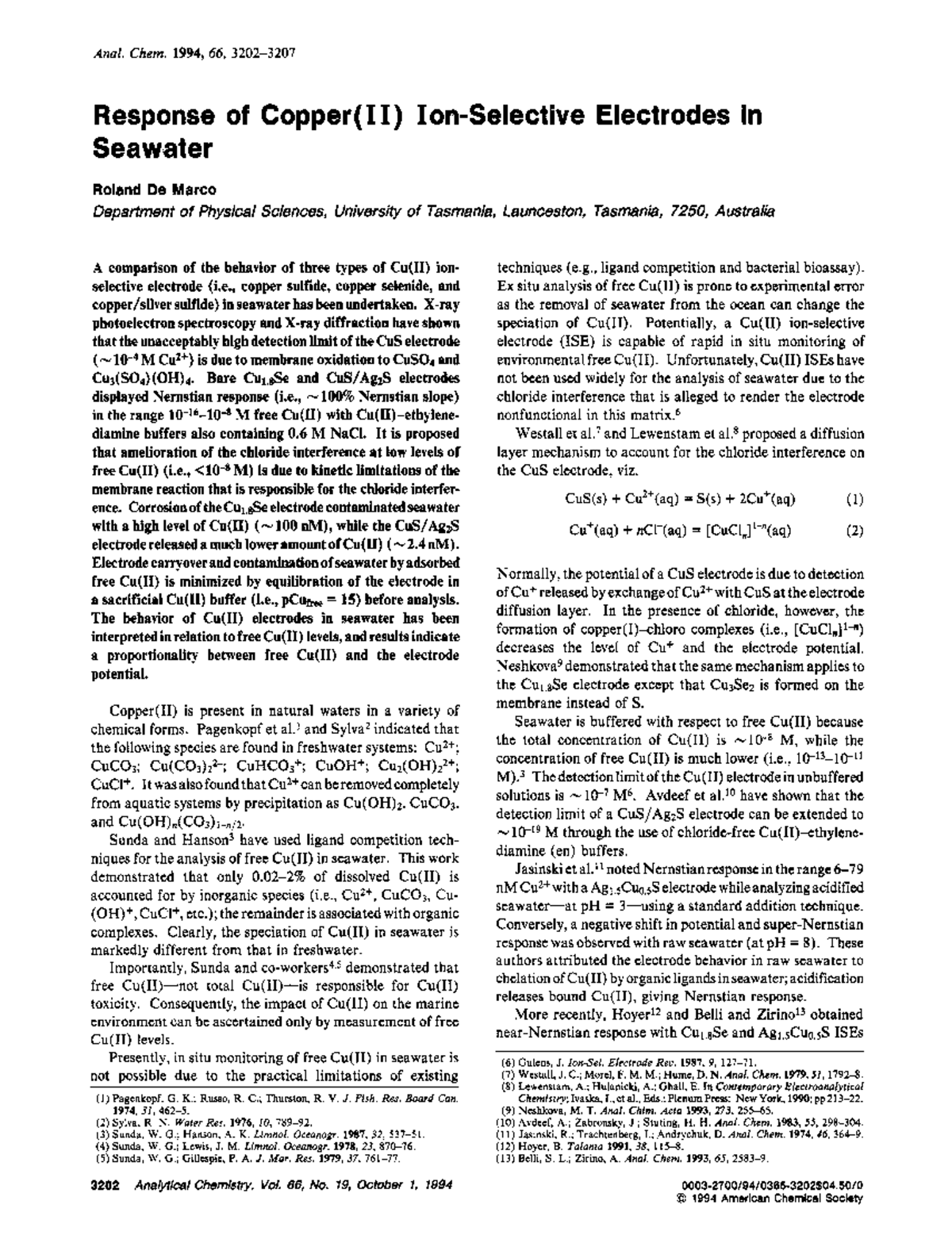 Response of Copper(II) Ion-Selective Electrodes in Seawater - Anal ...