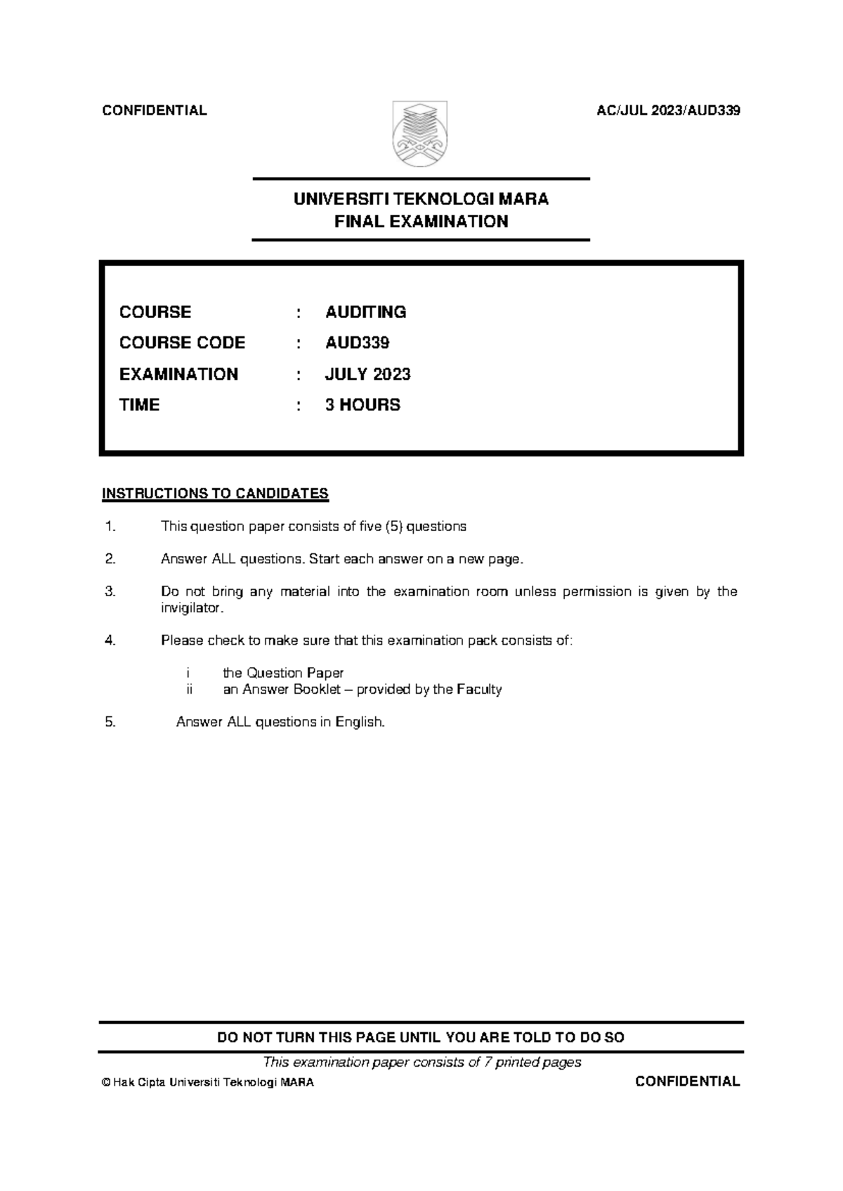 FE 2023 JULY - FINAL EXAM JULY 2023 - UNIVERSITI TEKNOLOGI MARA FINAL EXAMINATION COURSE ...