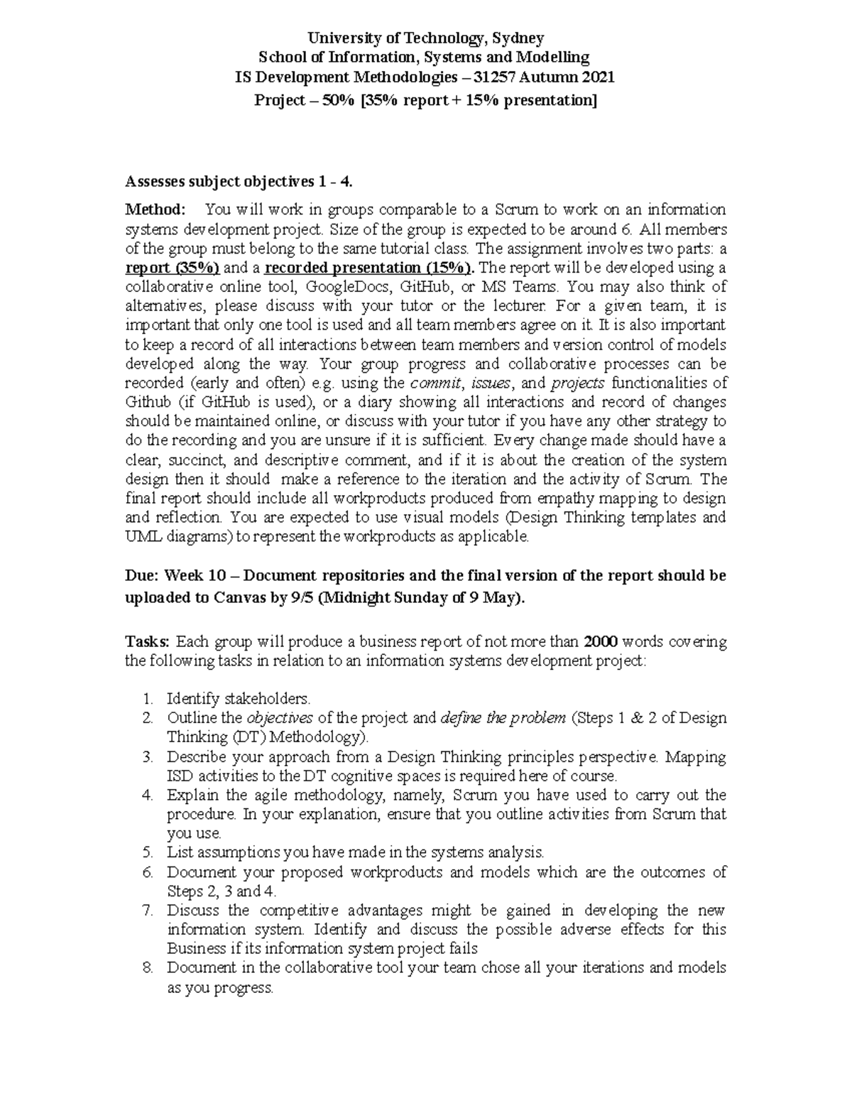 Project Specification 2021 - University of Technology, Sydney School of ...