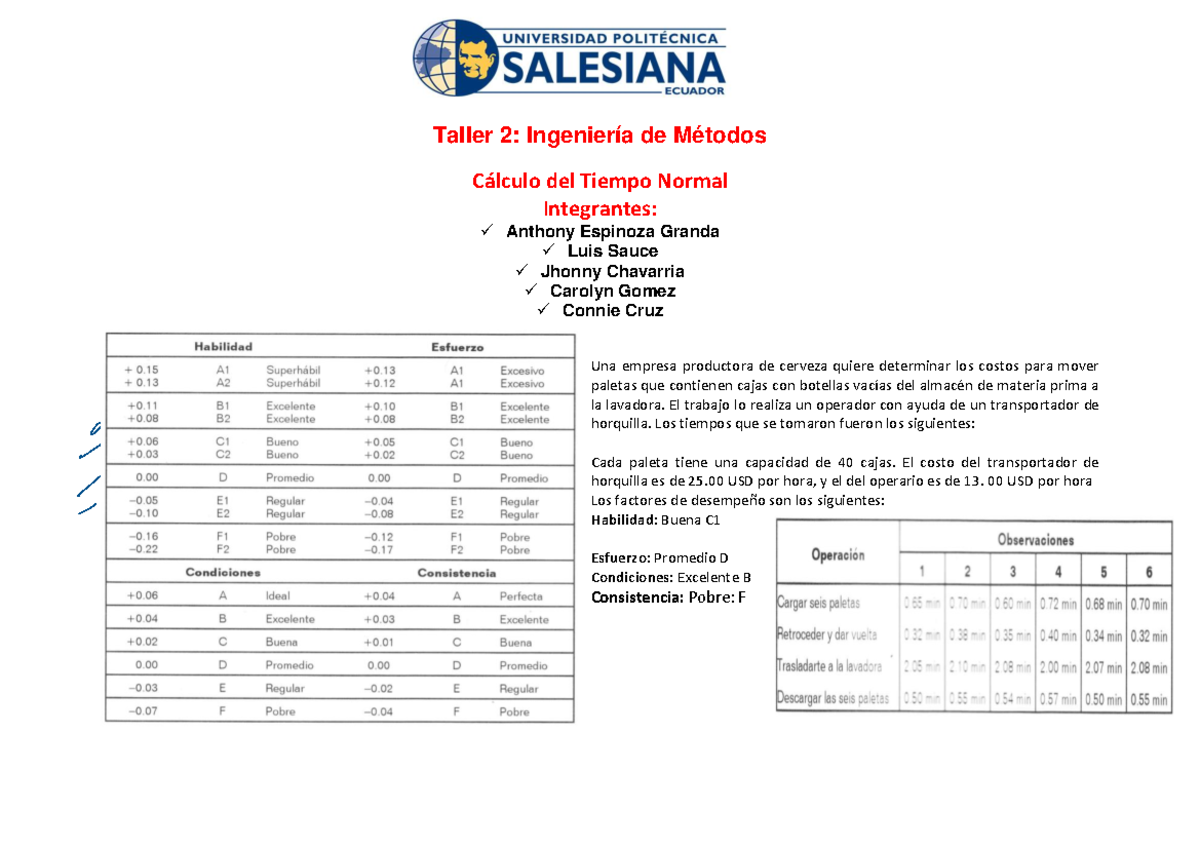 Taller 2 Metodos Calculo del Tiempo Normal - Taller 2: Ingeniería de ...