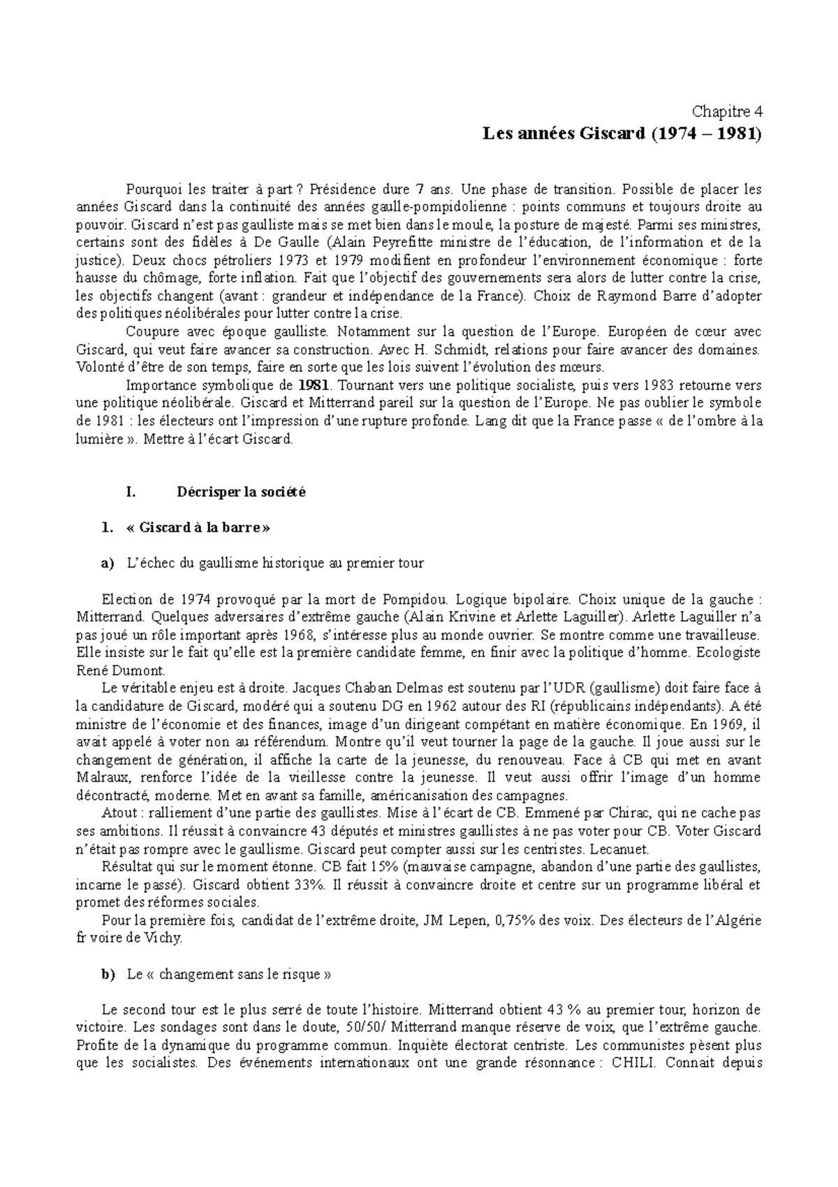4 Les années Giscard - Notes de cours 4 - Chapitre 4 Les années Giscard ...