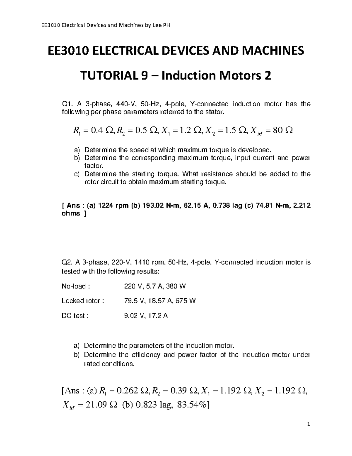 T9 IM2 - Tutorial - EE3010 Electrical Devices and Machines by Lee PH - Studocu