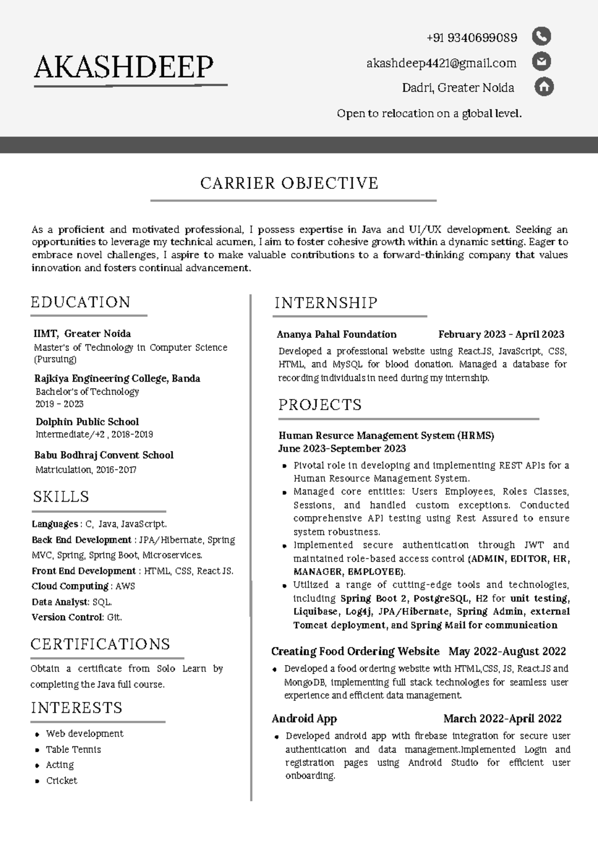 Akash Resume - CARRIER OBJECTIVE PROJECTS EDUCATION SKILLS ...