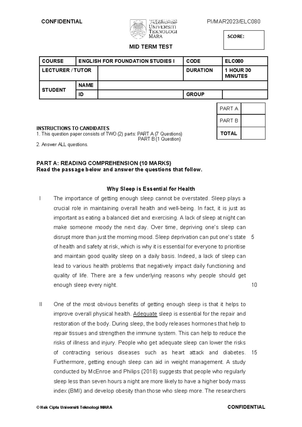 ELC080 Midterm TEST MAR 2023 - Question Paper - MID TERM TEST COURSE ...