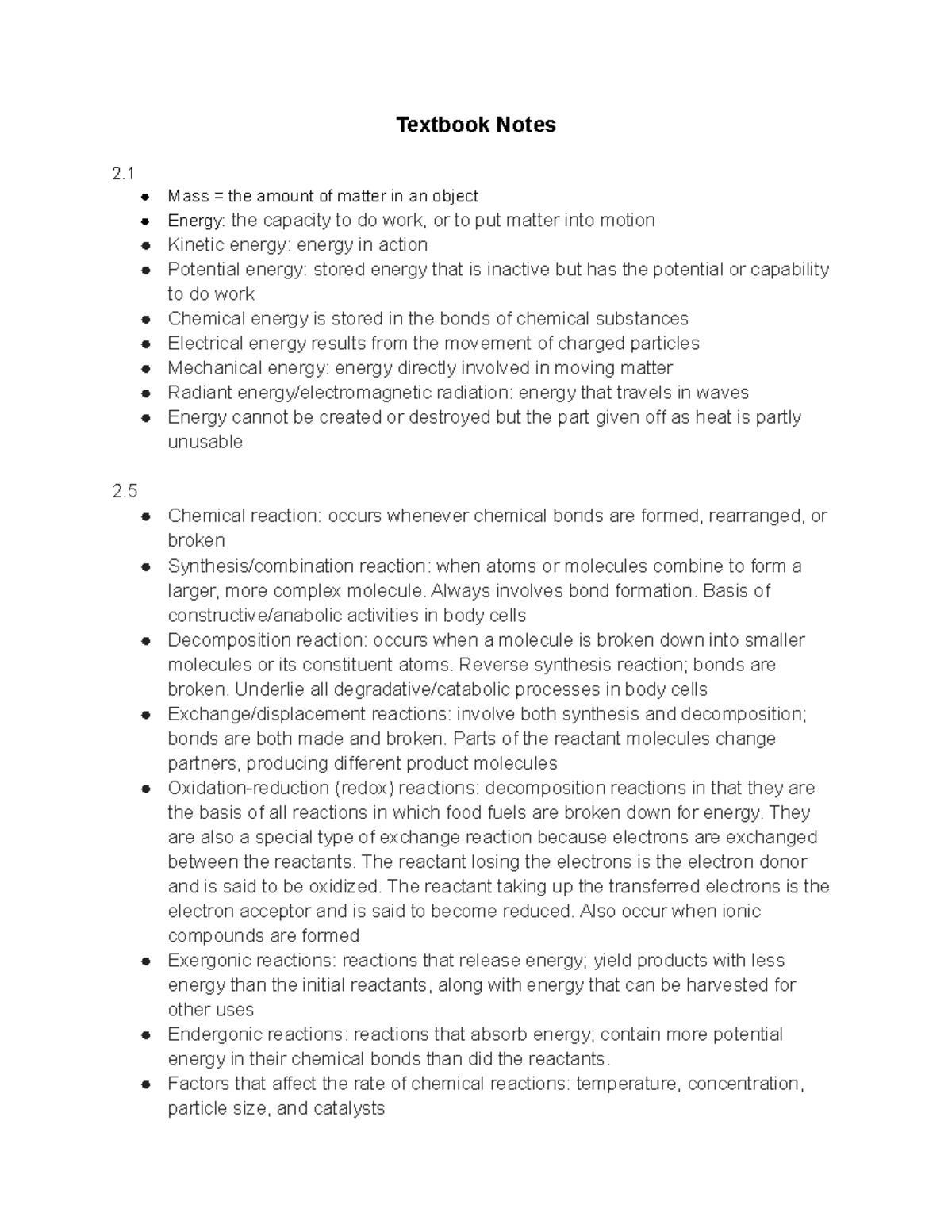 A&P Chapter 2 Notes - Prof Ray Thompson - Textbook Notes Mass = the ...