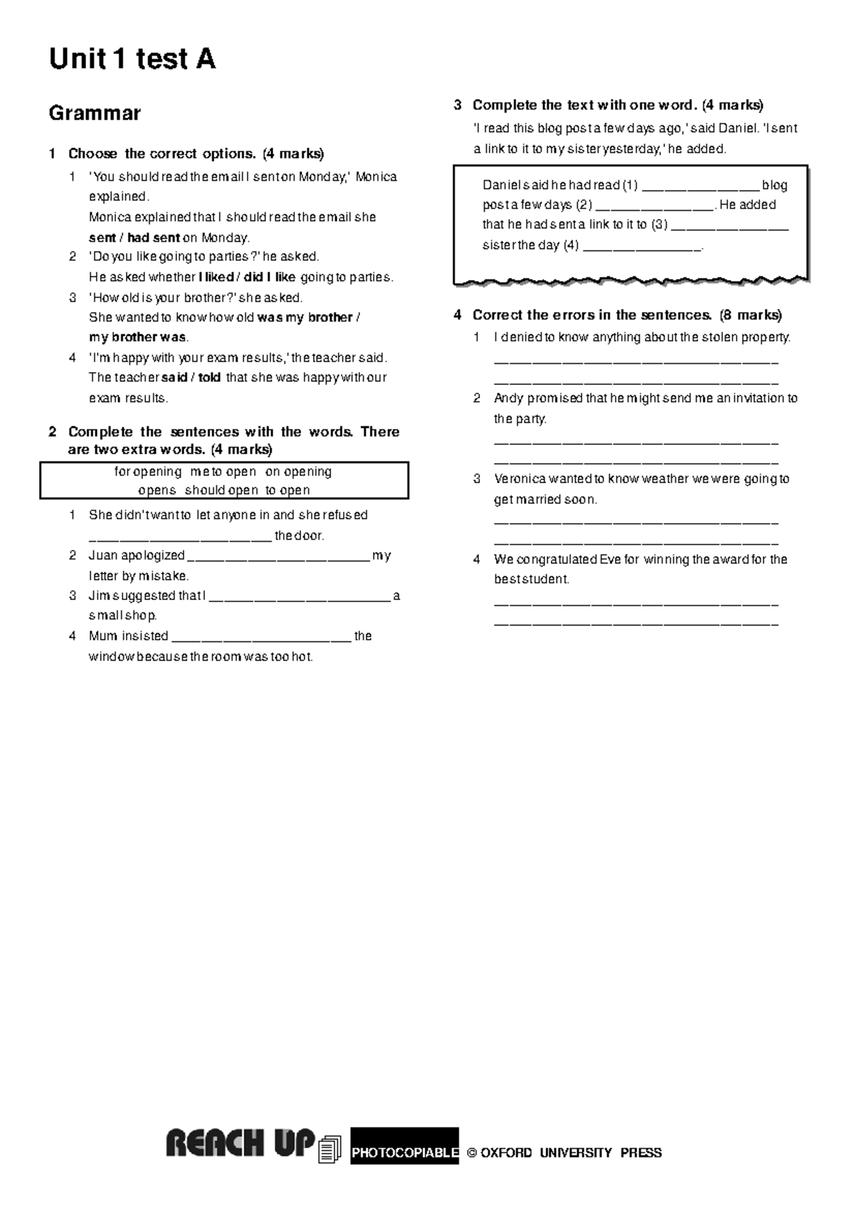 Unit 1 test A - unit 1 test 1r Bach - Grammar 1 Choose the correct ...