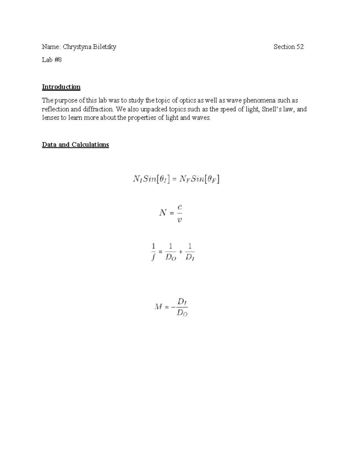 Lab 9- Reflection, Refraction, Lenses - Name: Chrystyna Biletsky ...