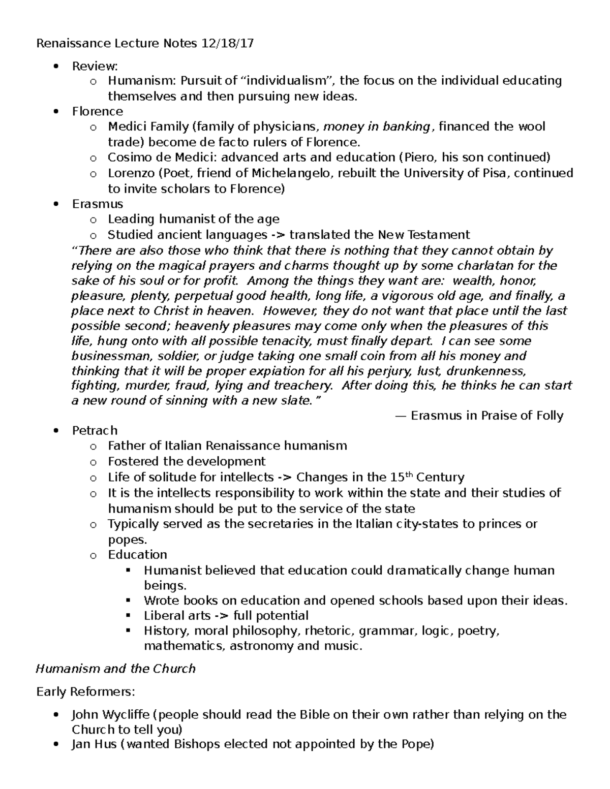 Renaissance Lecture Notes 12 17 - Renaissance Lecture Notes 12/18 ...