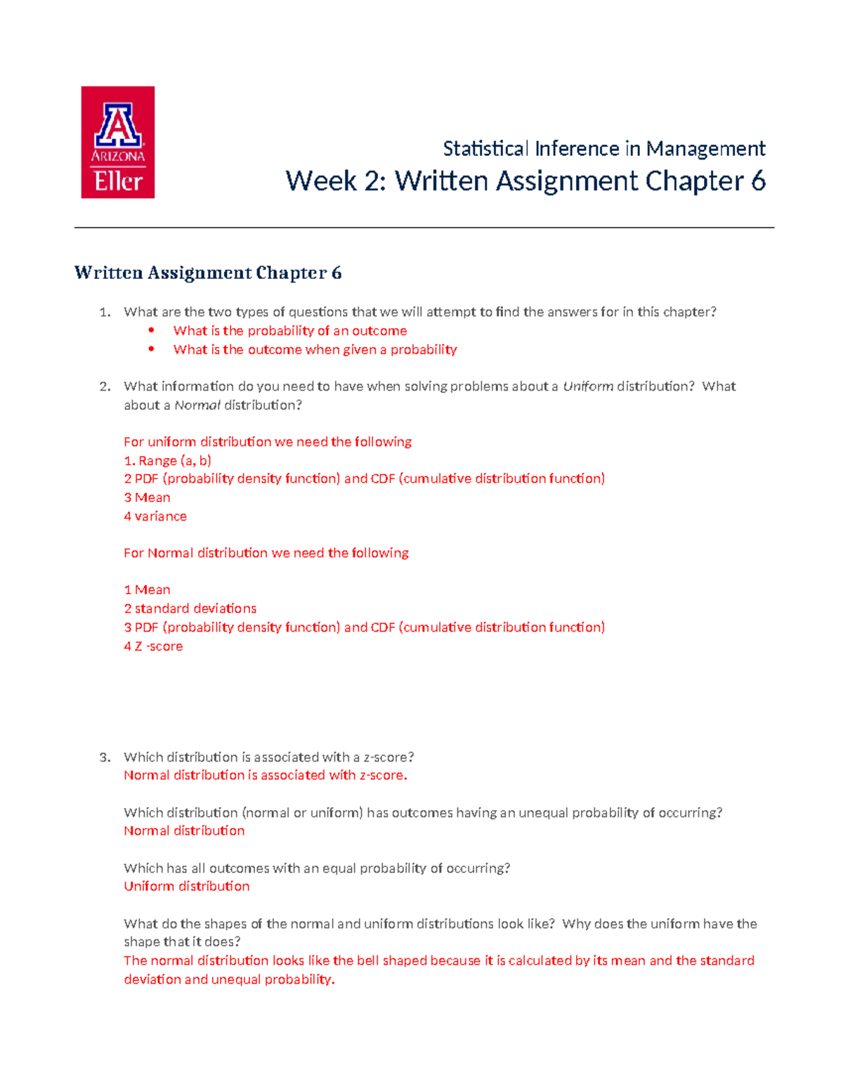 UG BNAD 276 Written Assignment Chapter 6 - Statistical Inference in Management Week 2: Written ...