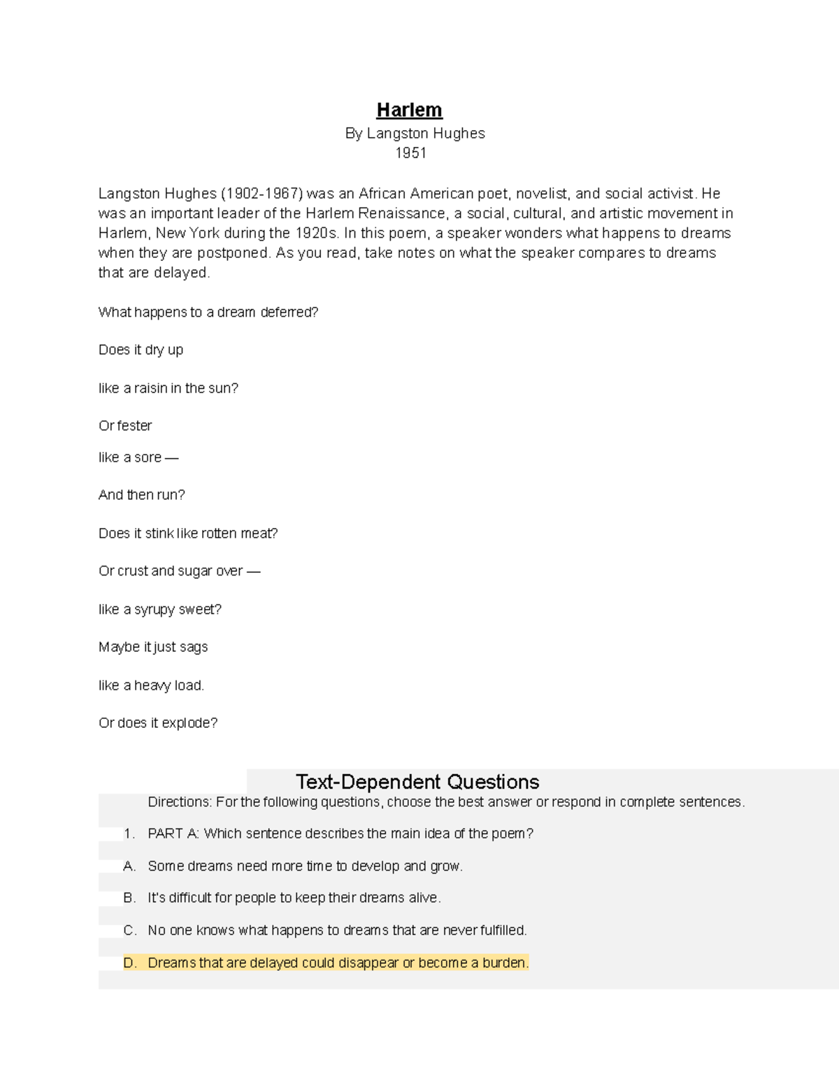 Harlem Poem and Qs - Harlem By Langston Hughes 1951 Langston Hughes ...