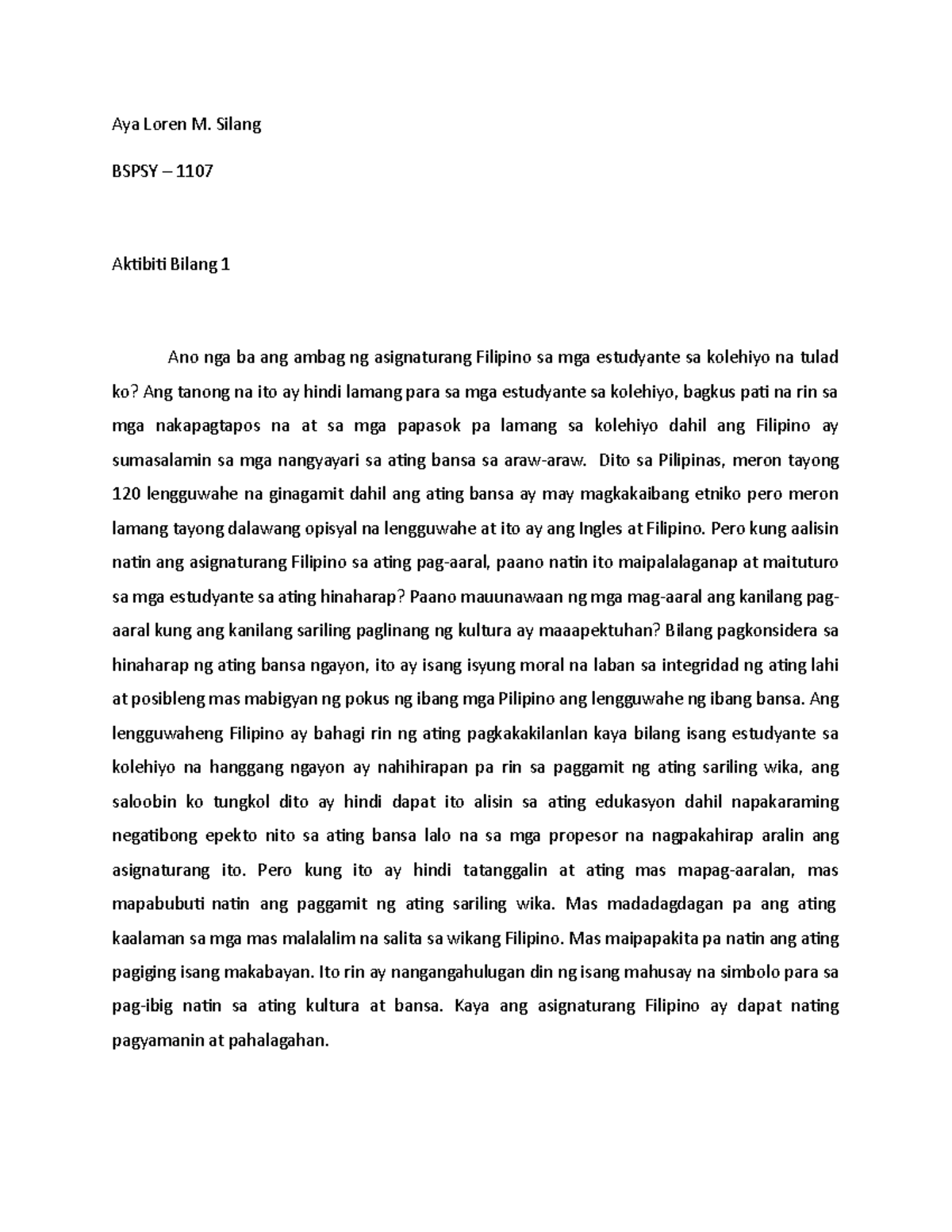 Fili 101 Aktibiti 1 - reflection about filipino subject - Aya Loren M ...