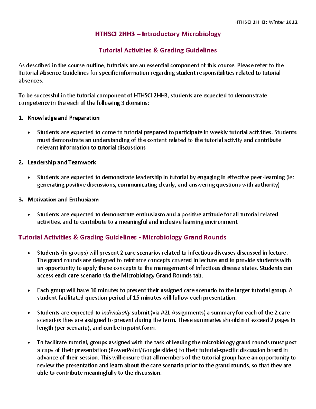 Hthsci 2HH3 Tutorial Activities and Grading Guidelines 2022 - HTHSCI ...