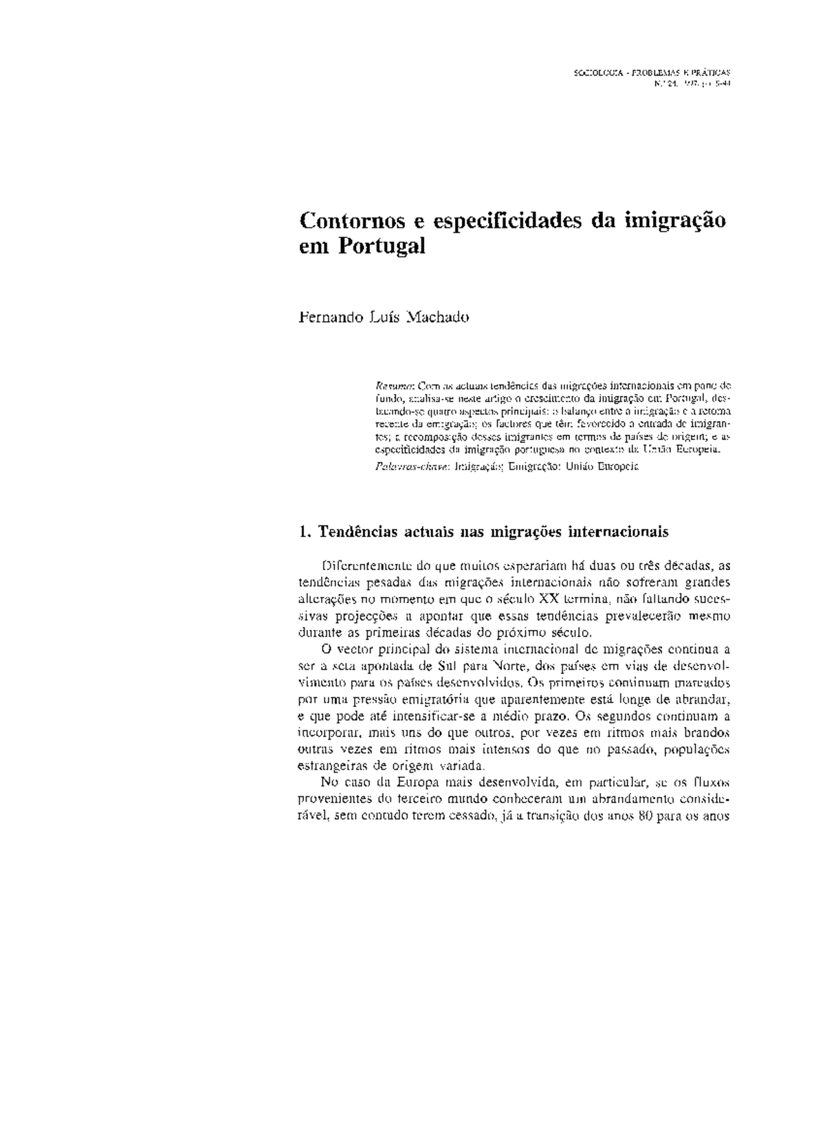 Contornos e especificidades da imigracao em Portugal - Sociologia - UAb ...