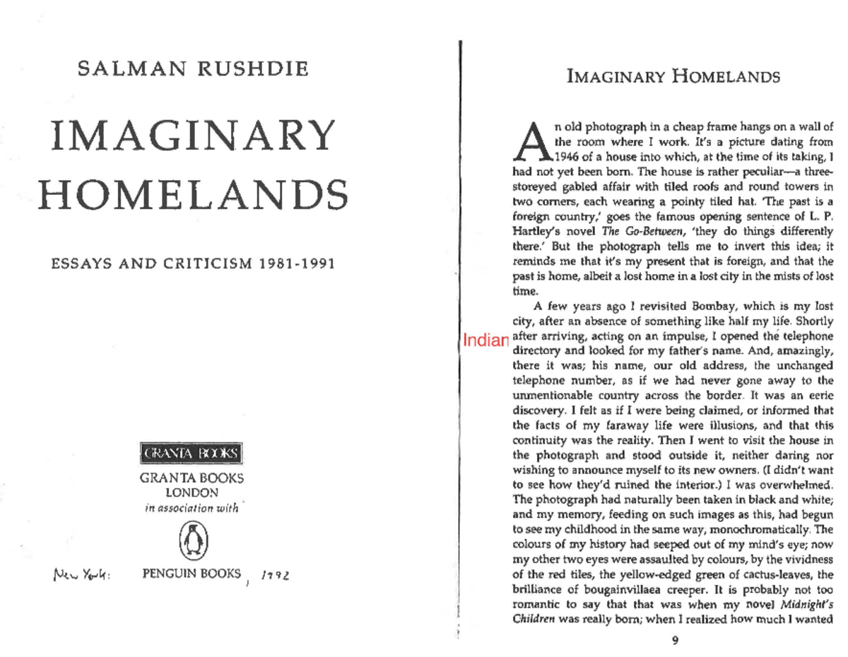 Imaginary Homelands - Reading material for reading quiz. - SALMAN ...