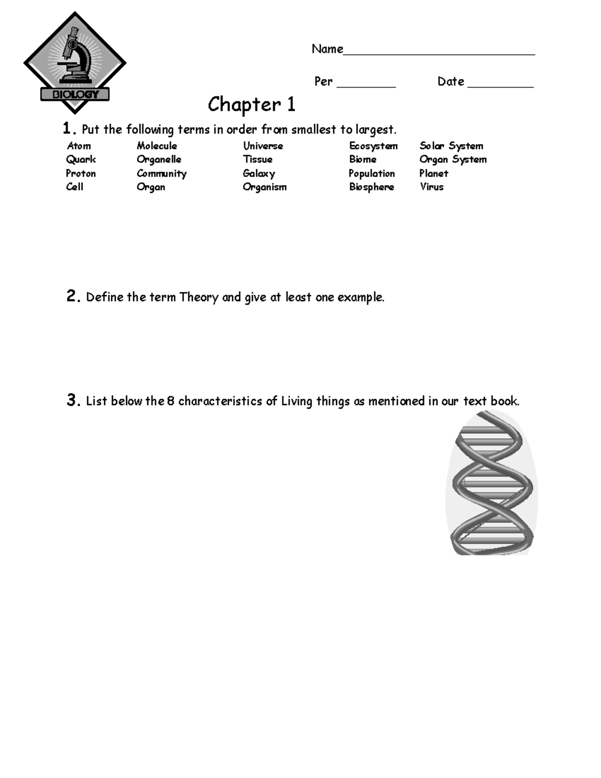 Biology Ch 1 Study Guide - Name__________________________ Per ...
