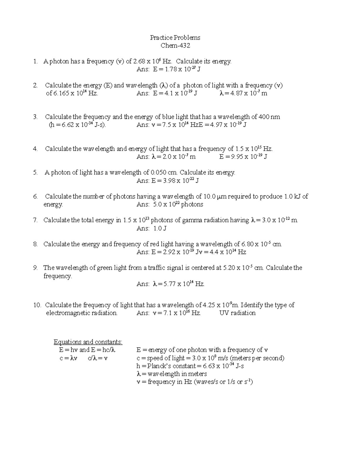 Chapter 5 Energy frequency wavelength calculation - Practice Problems 1 ...