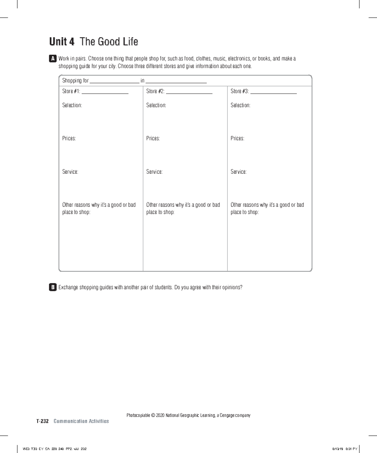 World english 3e level 3 communiation activities unit 4 - T-232 ...