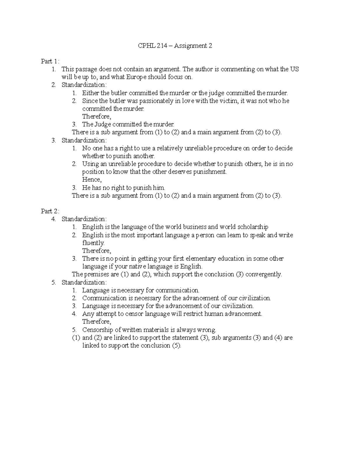 CPHL 214 Assignment 2 - CPHL 214 – Assignment 2 Part 1: 1. This passage does not contain an ...
