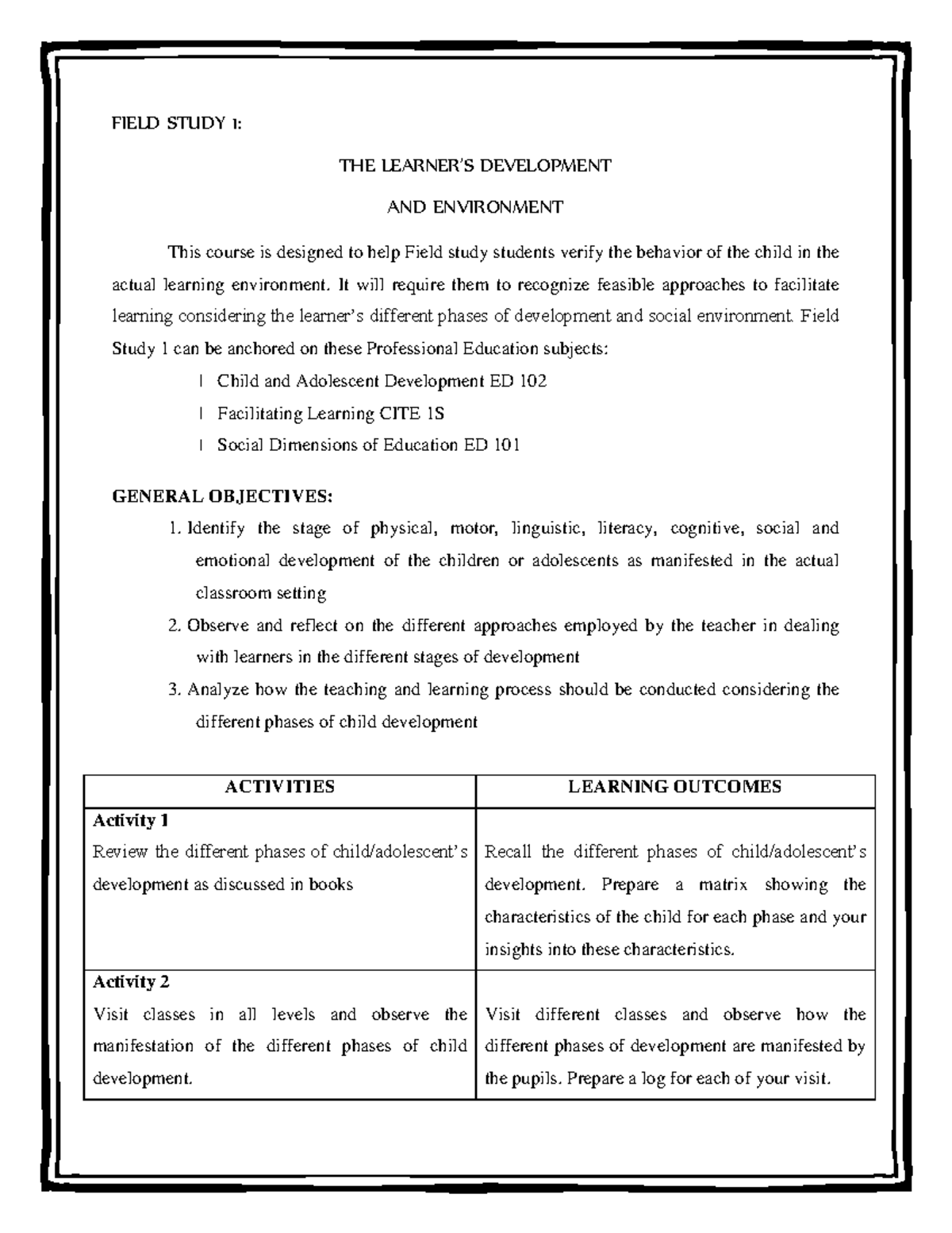 Field Study Notes - FIELD STUDY 1: THE LEARNER’S DEVELOPMENT AND ...