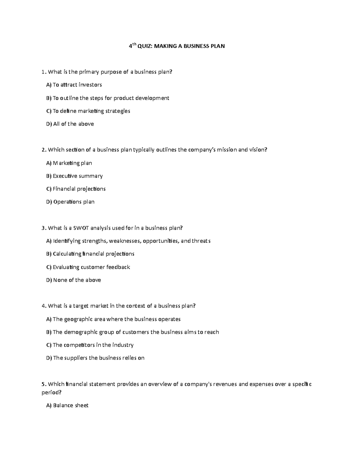 4th QUIZ-making-a-business-plan - 4 th QUIZ: MAKING A BUSINESS PLAN ...