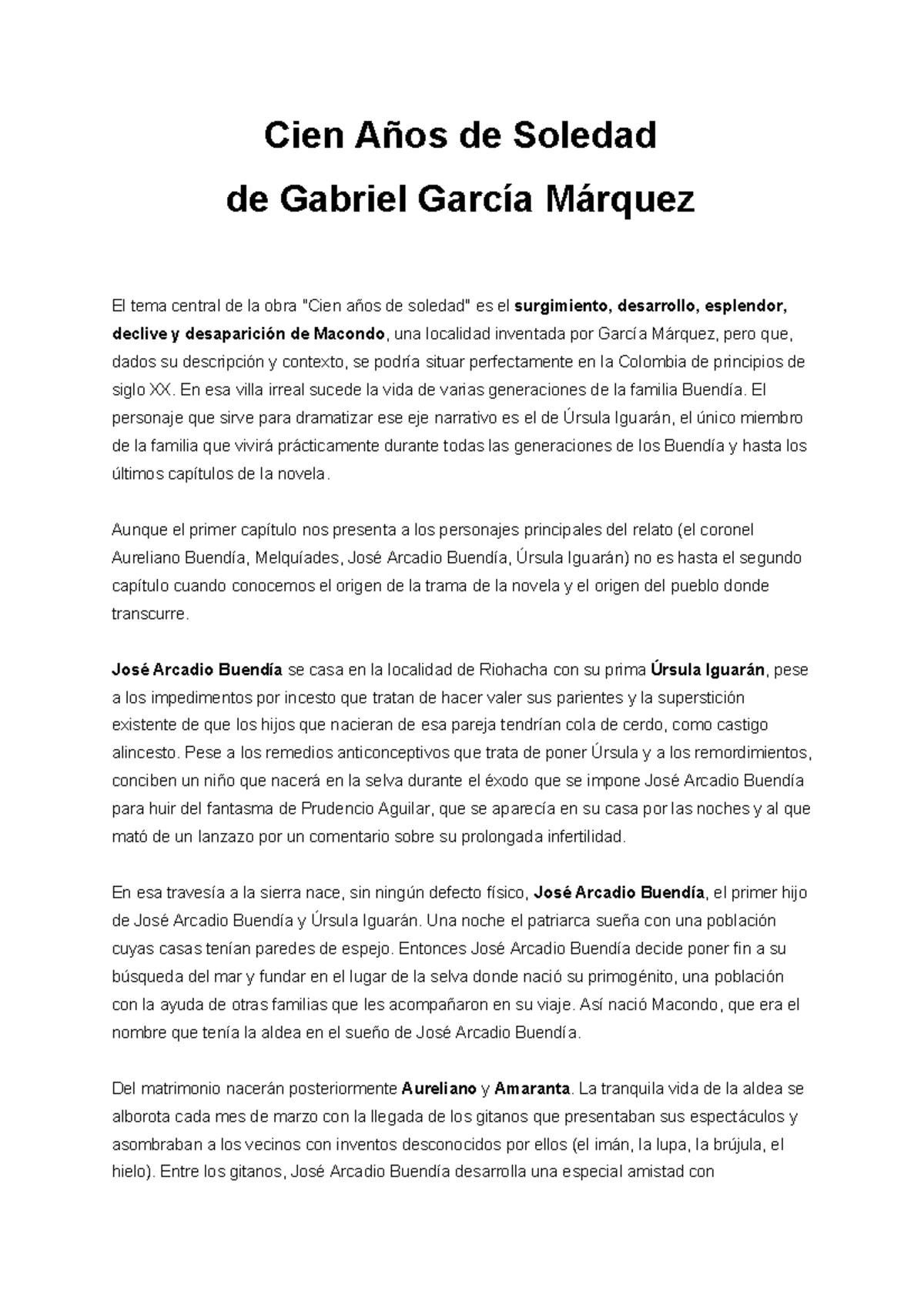 Resumen cien anos de soledad pdf - Cien Años de Soledad de Gabriel García Márquez El tema ...