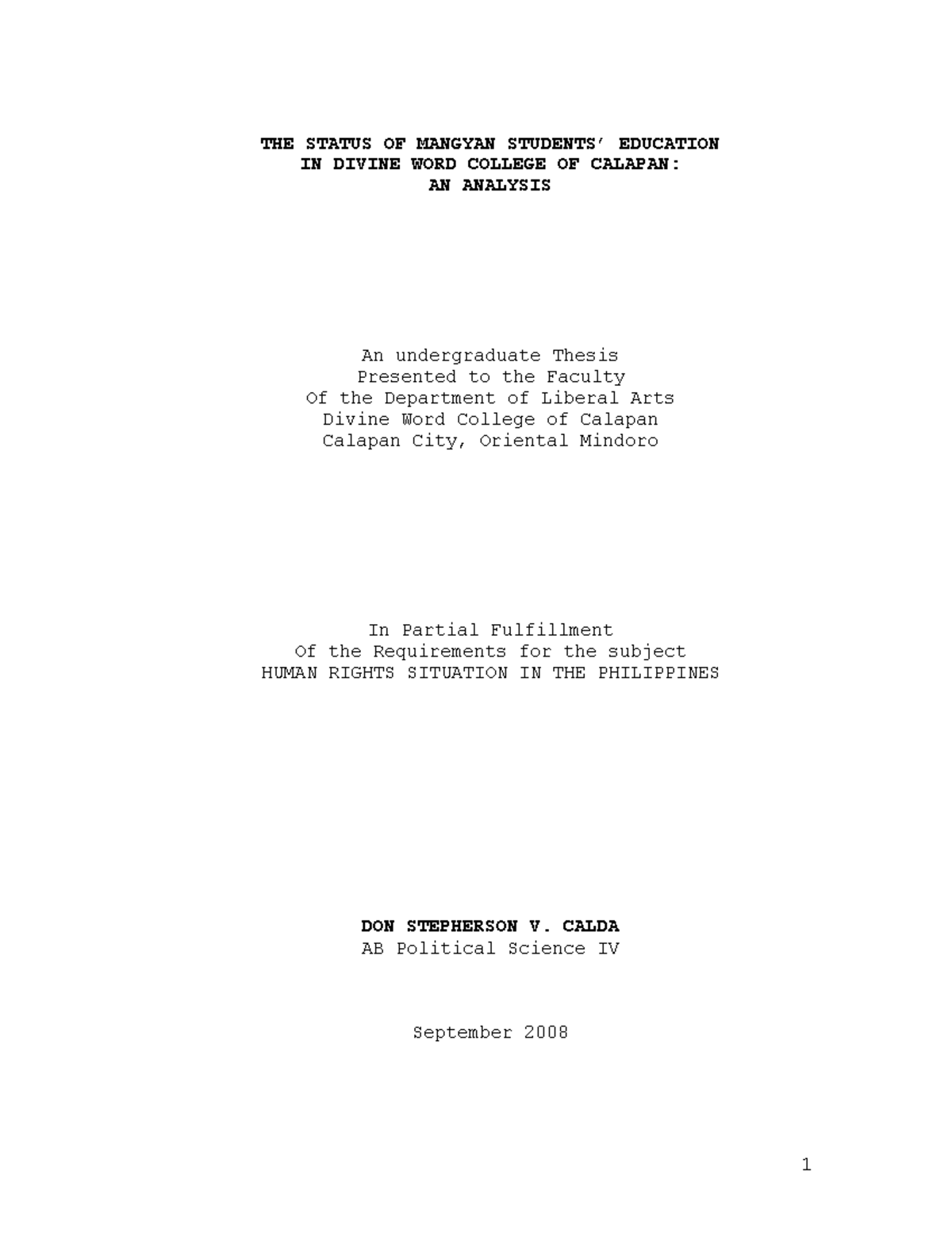 The Status of Mangyan students Education - THE STATUS OF MANGYAN ...
