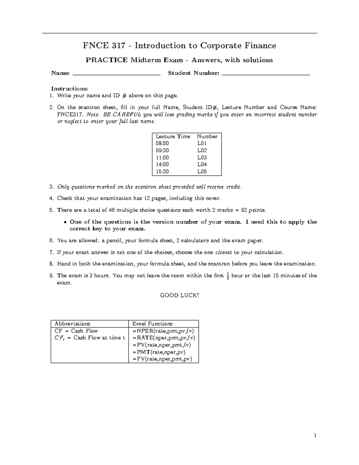Mt Practice 2017-soln - FNCE 317 - Introduction to Corporate Finance PRACTICE Midterm Exam ...